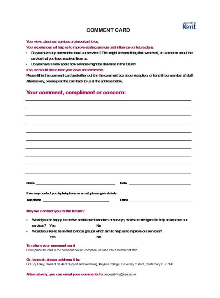 50 Printable Comment Card & Feedback Form Templates ᐅ in Comment Cards ...