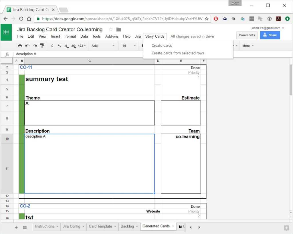 A Backlog Item Card Creator In Google Sheets | Co-Learning.be in Agile ...