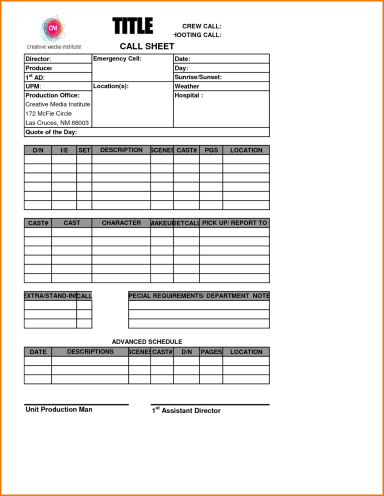 Call Sheet Template Daily Excel Film Photoshoot Download For Film Call ...