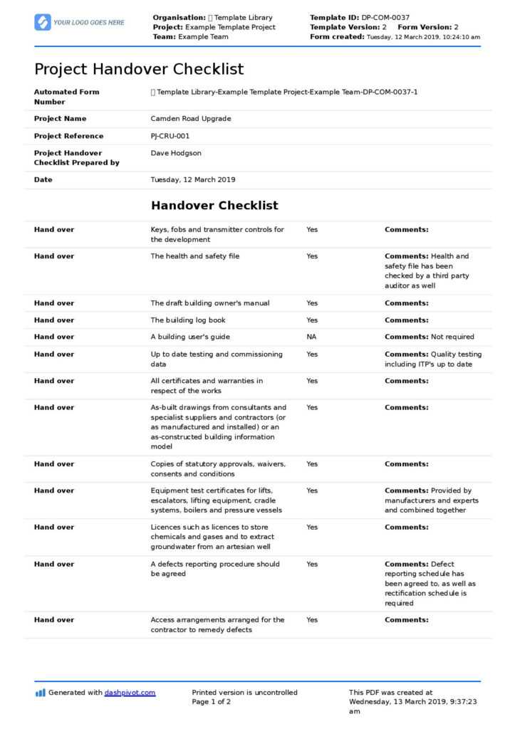 Construction Project Handover Document Sample To Use Or Copy for ...