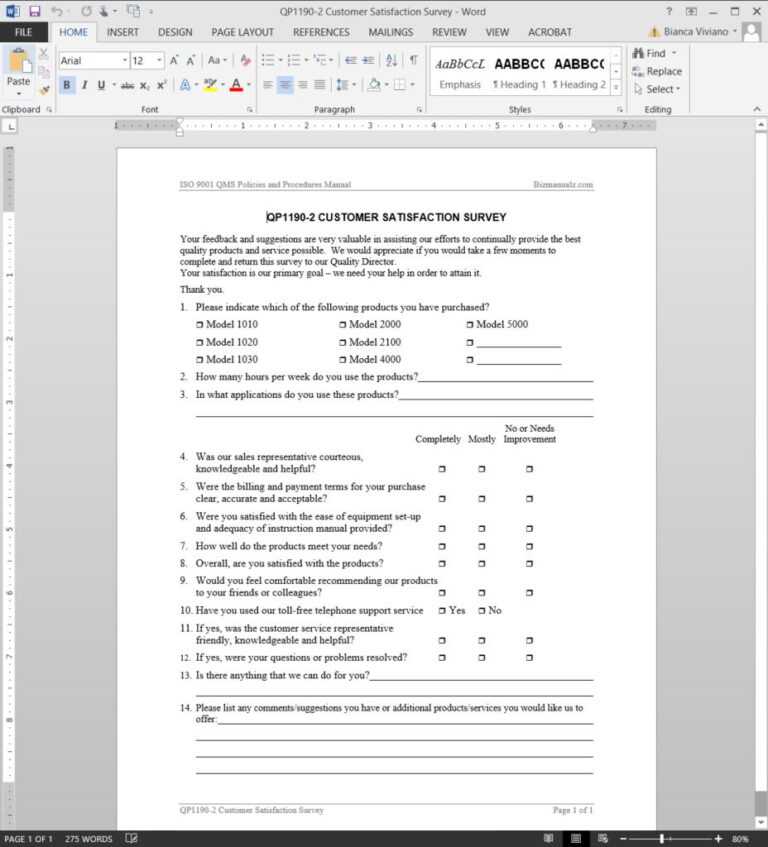 Customer Satisfaction Survey Iso Template | Qp1190-2 regarding Customer Satisfaction Report ...