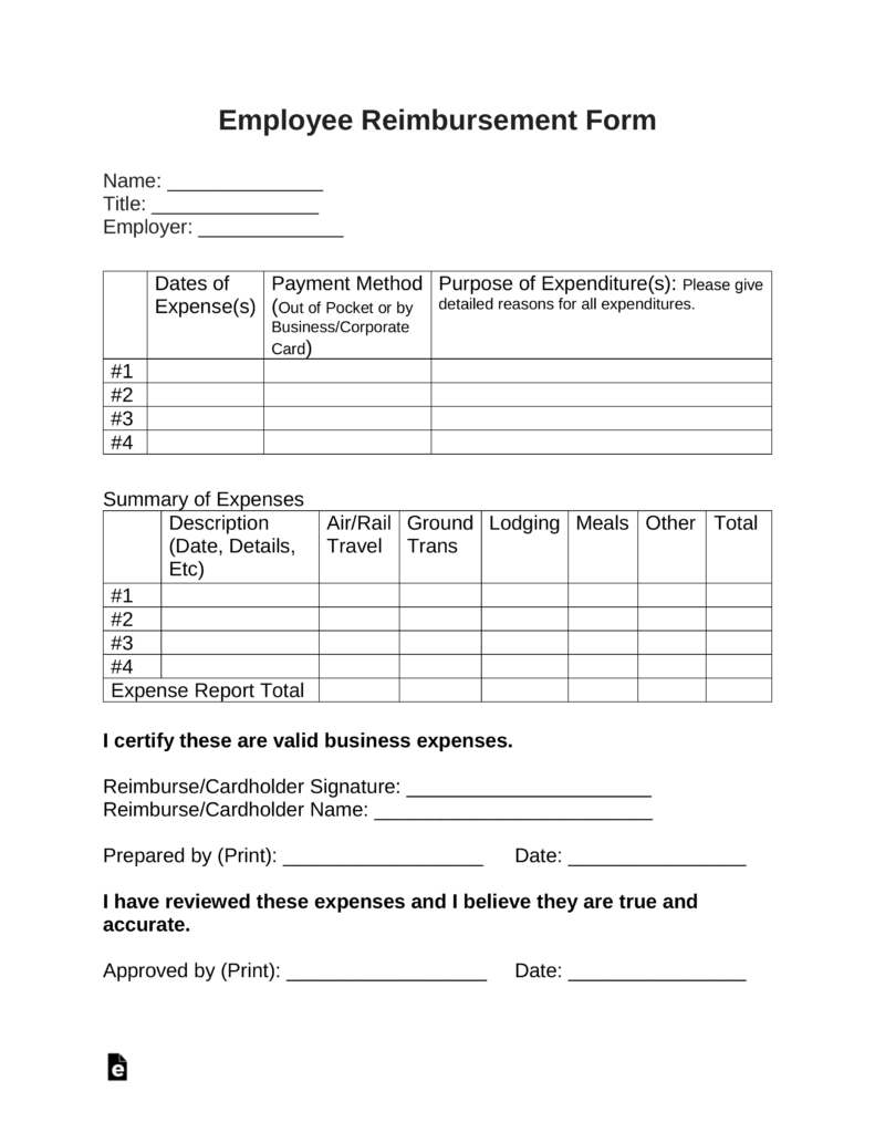 Free Employee Reimbursement Form – Pdf | Word | Eforms with ...