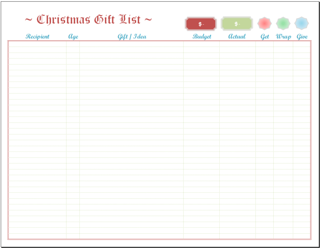 Freele Card Christmas List Templates Template Checklist Throughout ...
