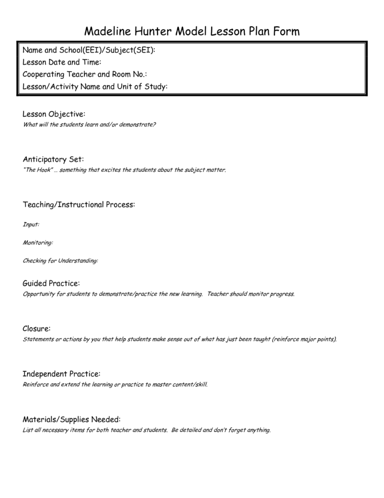 Madeline Hunter Lesson Plan Blank Template – Atlantaauctionco.com
