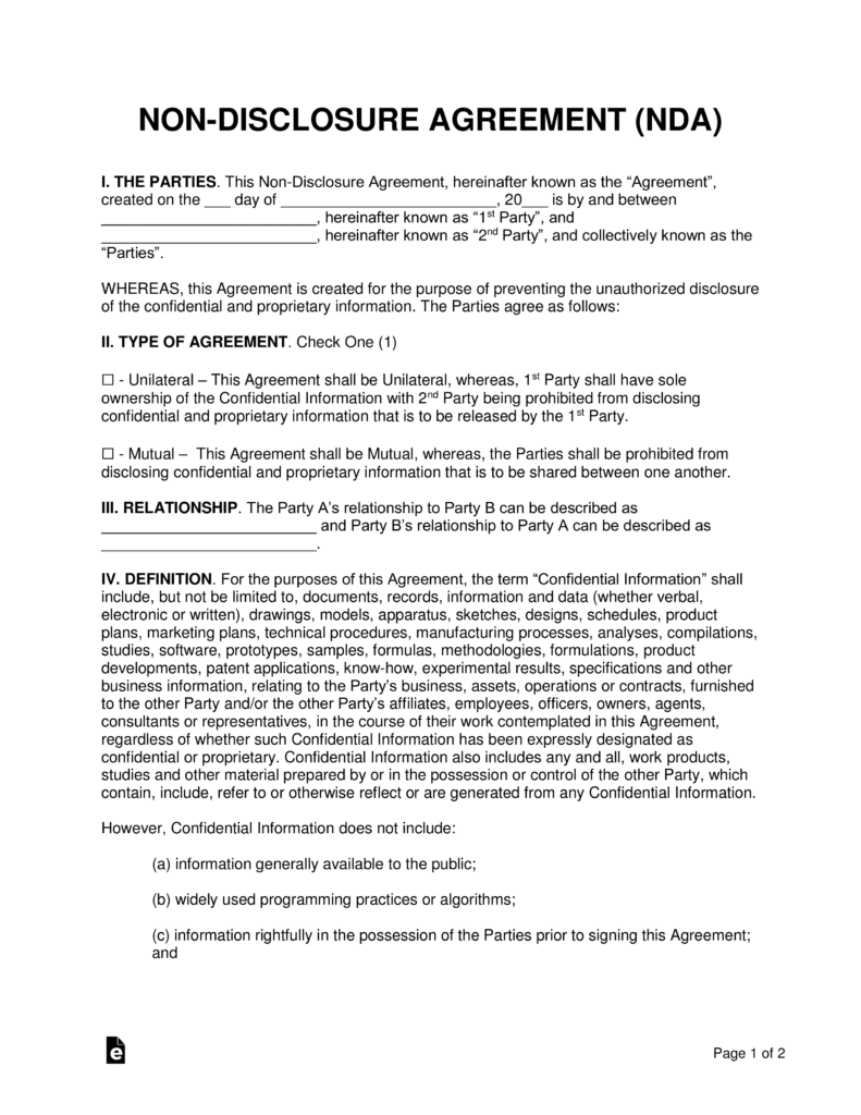 Non-Disclosure (Nda) Agreement Templates | Eforms – Free within Nda ...