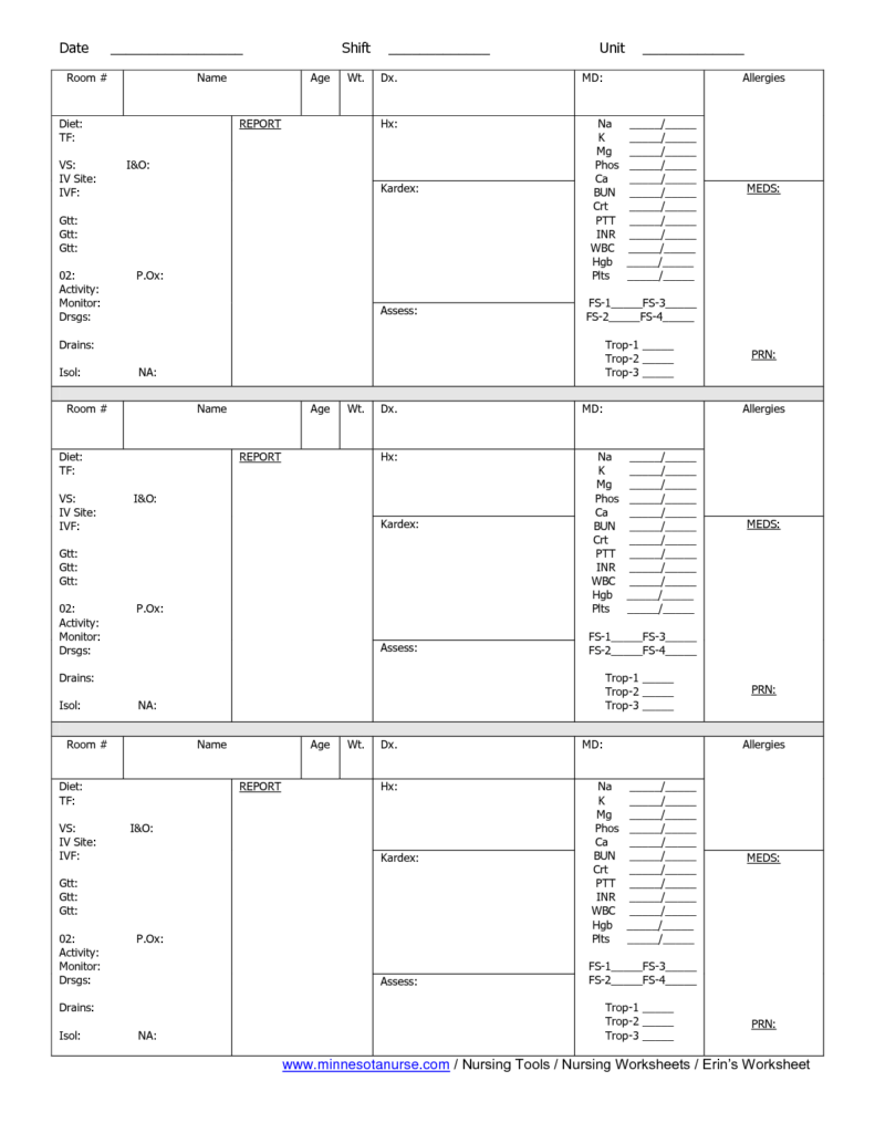 Nursing Shift Worksheets | Nursing | Nurse Brain Sheet throughout Med ...