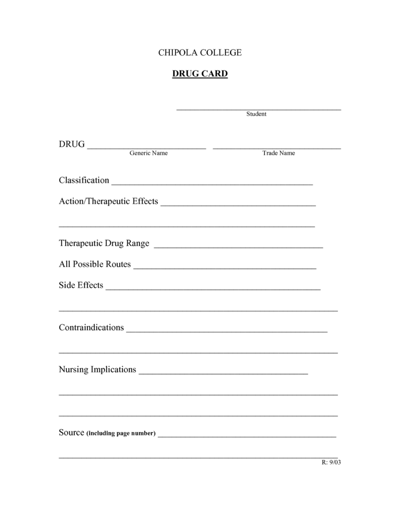 Printable Nursing Student Drug Cards | Drug Card In Nursing in Med Card ...