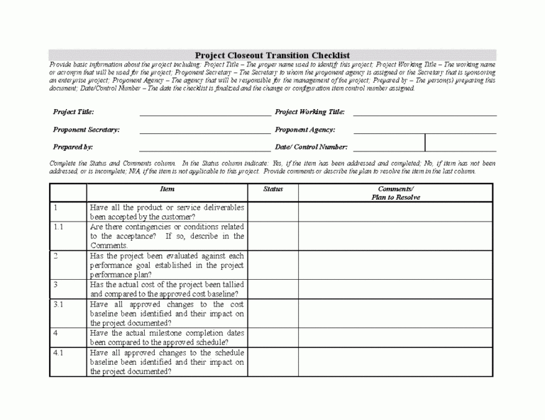 Project Closeout Checklist Template Closure Report Pmbok for Closure ...