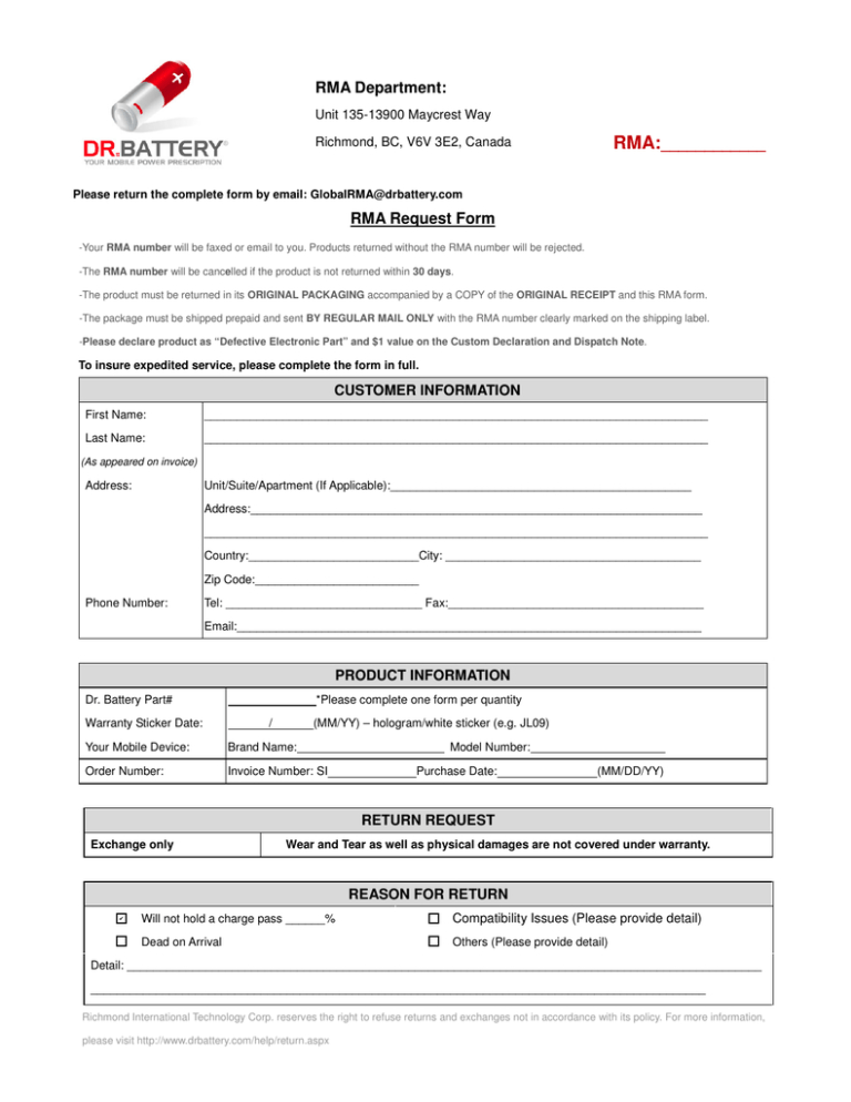 Rma Department: Rma:______ Rma Request Form with Rma Report Template – Atlantaauctionco.com