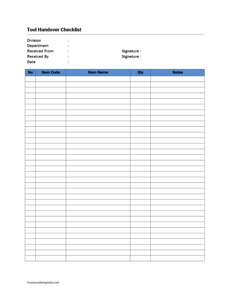 Tool Handover Checklist For Sam | Dfada | Checklist Template in ...