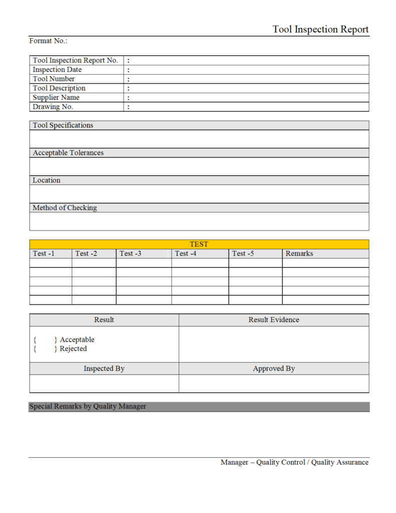 Tool Inspection Report – with Part Inspection Report Template ...