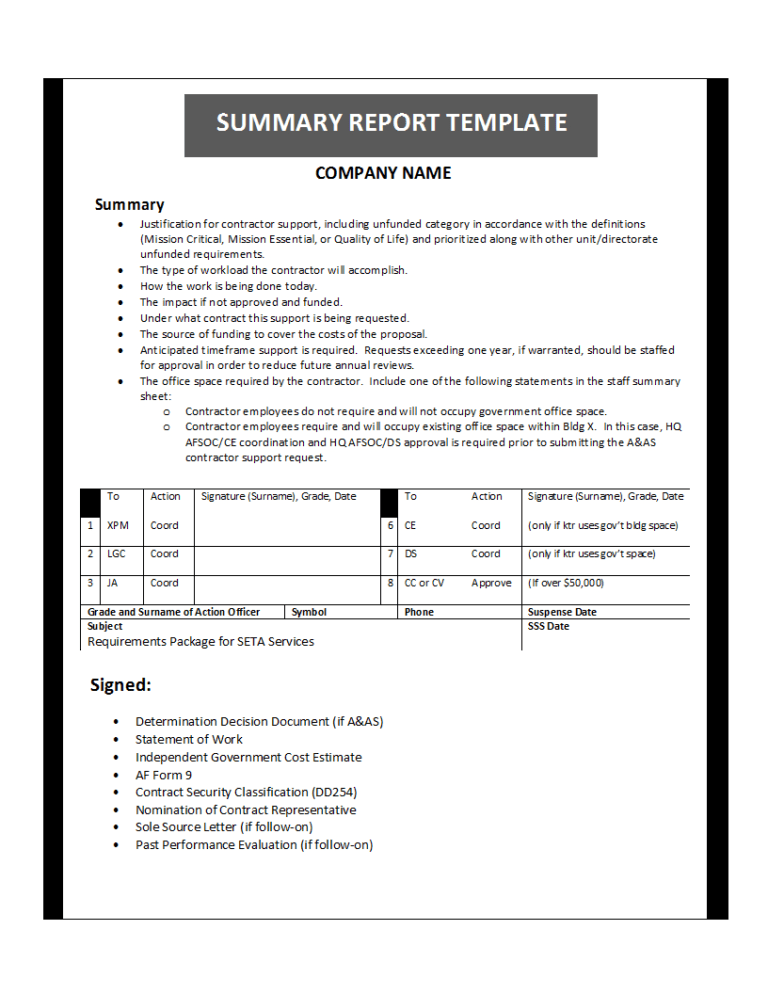Training Summary Ort Template Project Word Example Test for Training ...